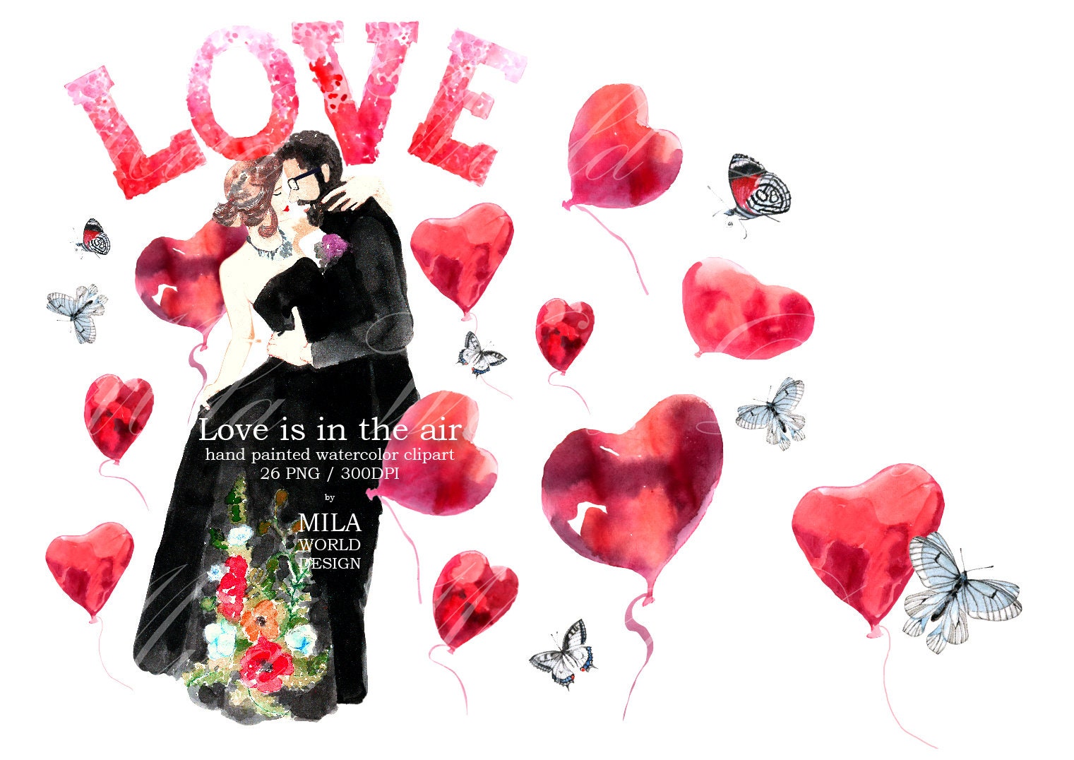 Love is in the Air Watercolor Clip Art Engagement Clipart | Etsy