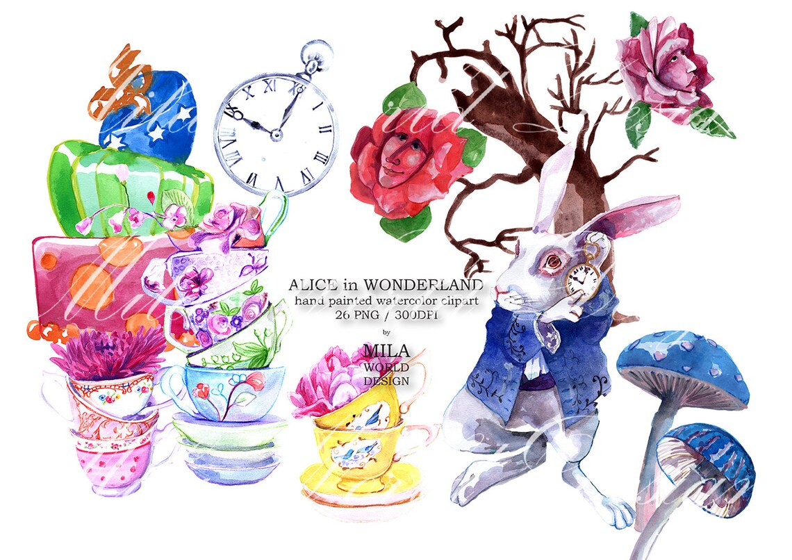 Alice in Wonderland Watercolor Clip Art Hand painted | Etsy