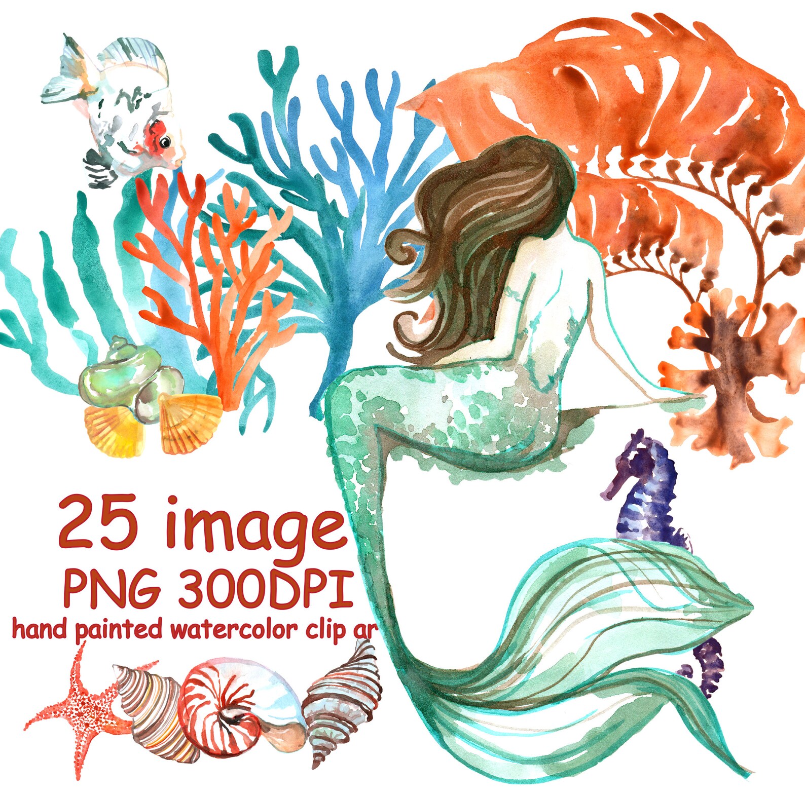Watercolor Clip Art Mermaids, Sea Clipart, Hand Painted Clipart ...