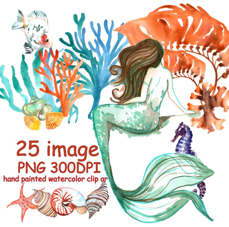 Watercolor Clip Art Mermaids, Sea Clipart, Hand Painted Clipart ...