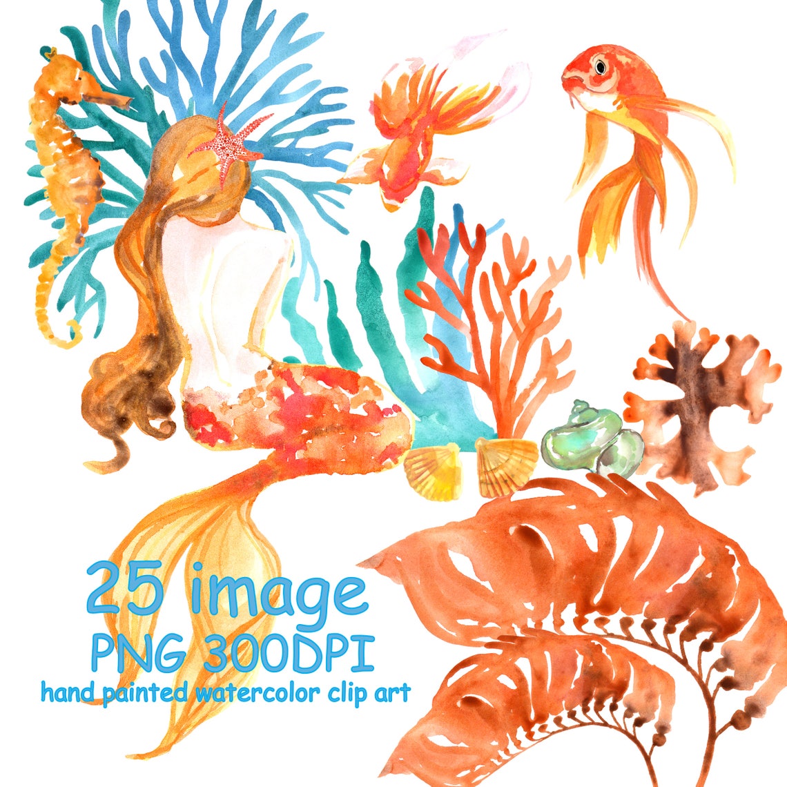 Watercolor Clip Art Mermaids, Sea Clipart, Hand Painted Clipart ...