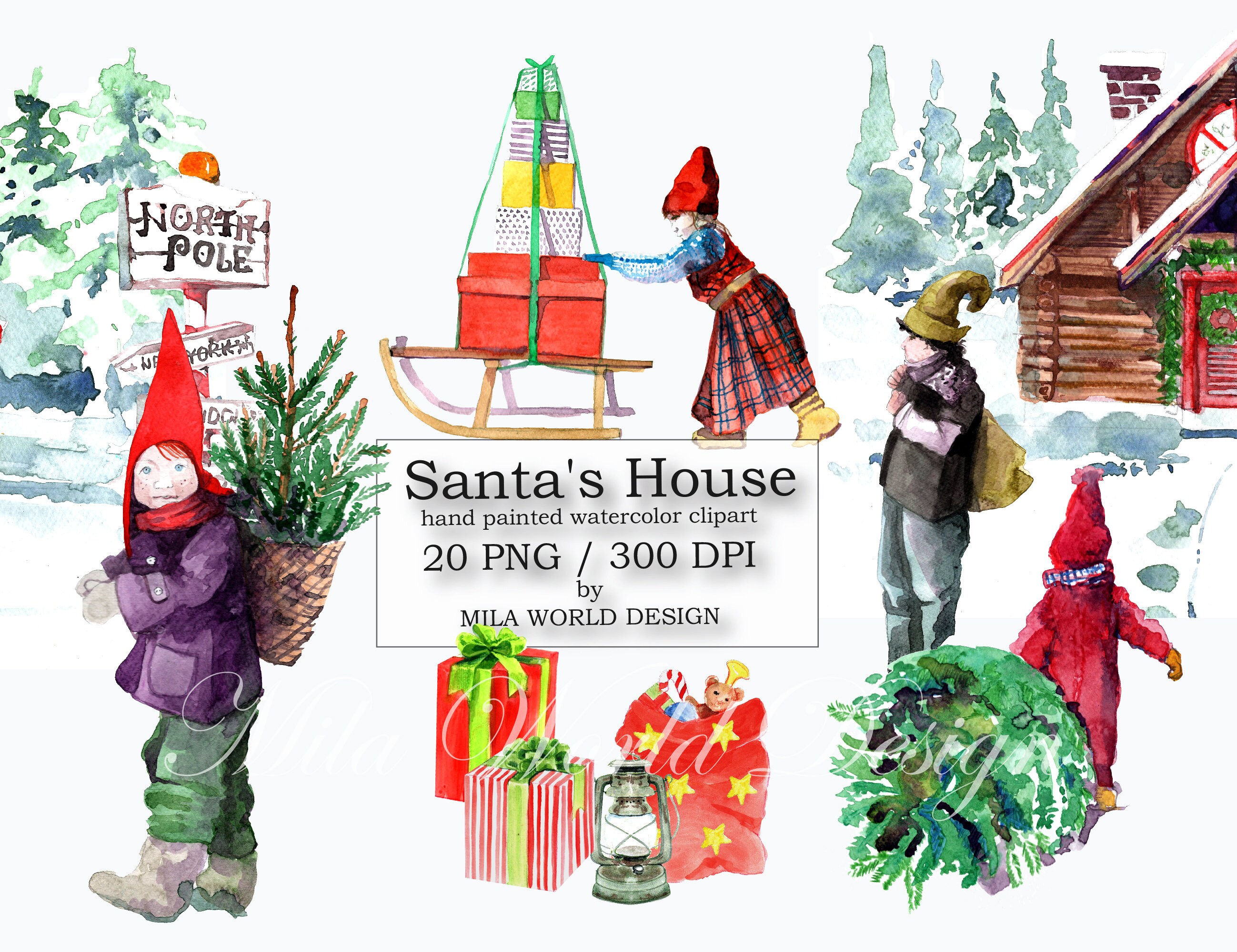 Santa's House Hand Painted Watercolor Clipart Christmas - Etsy