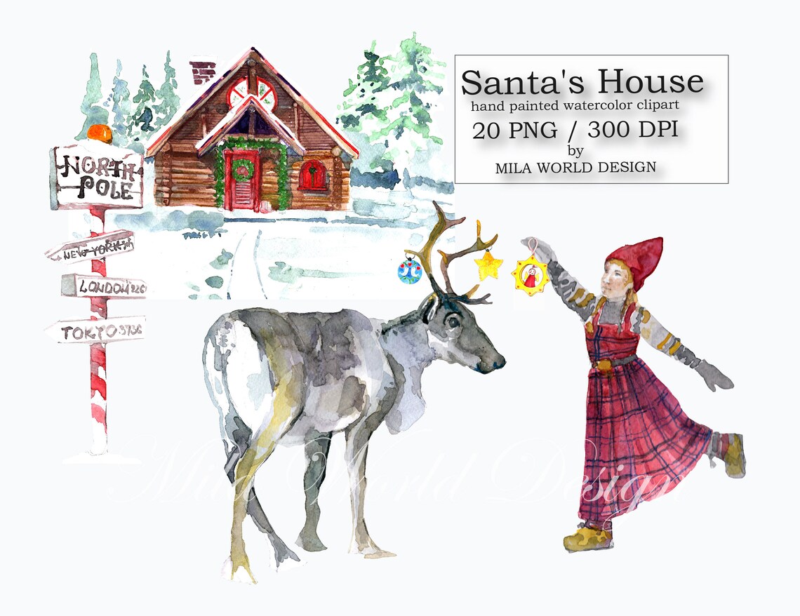 Santa'S House hand painted watercolor clipart Christmas | Etsy