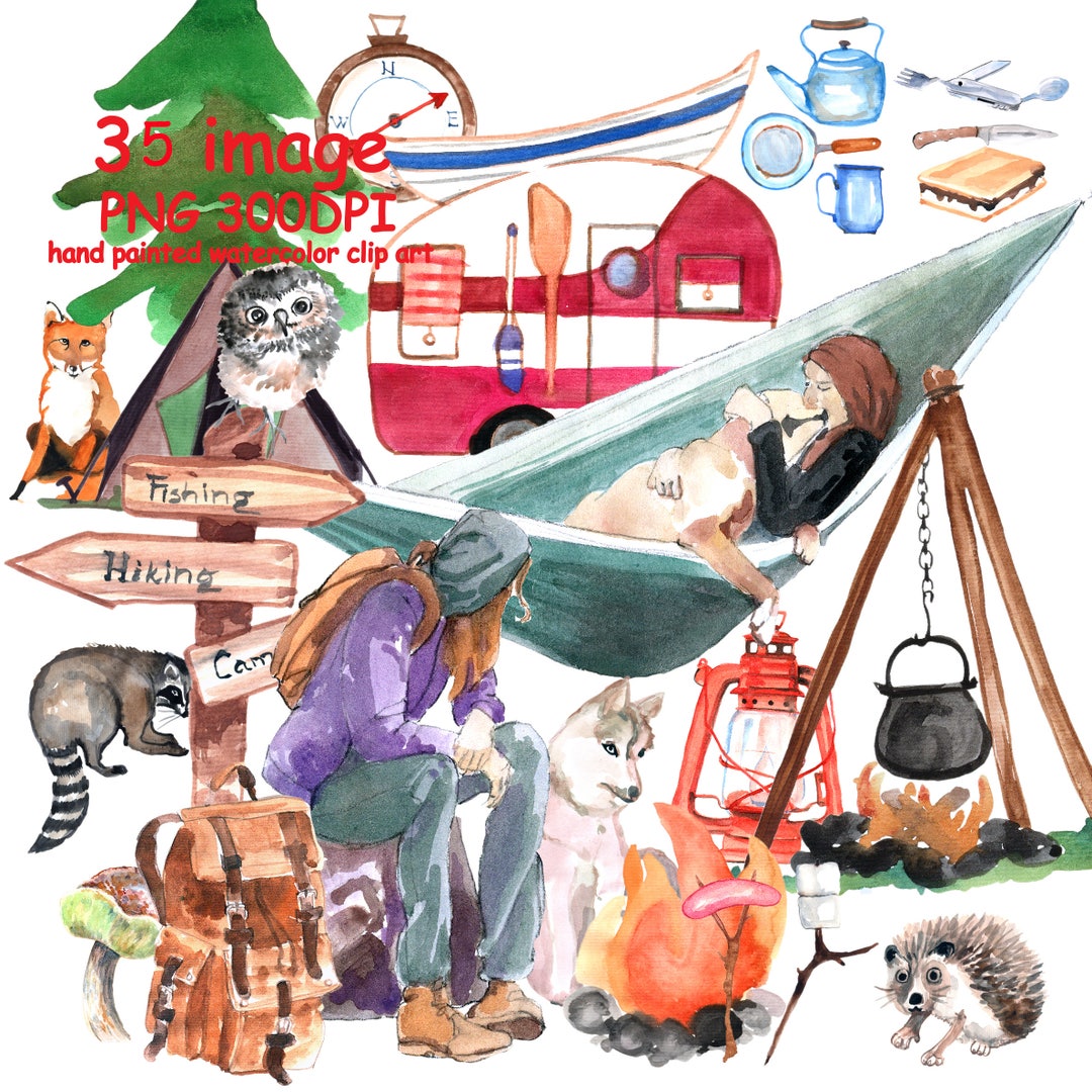 Watercolor Clip Art Camping Clipart, Summer Clipart, Hand Painted ...