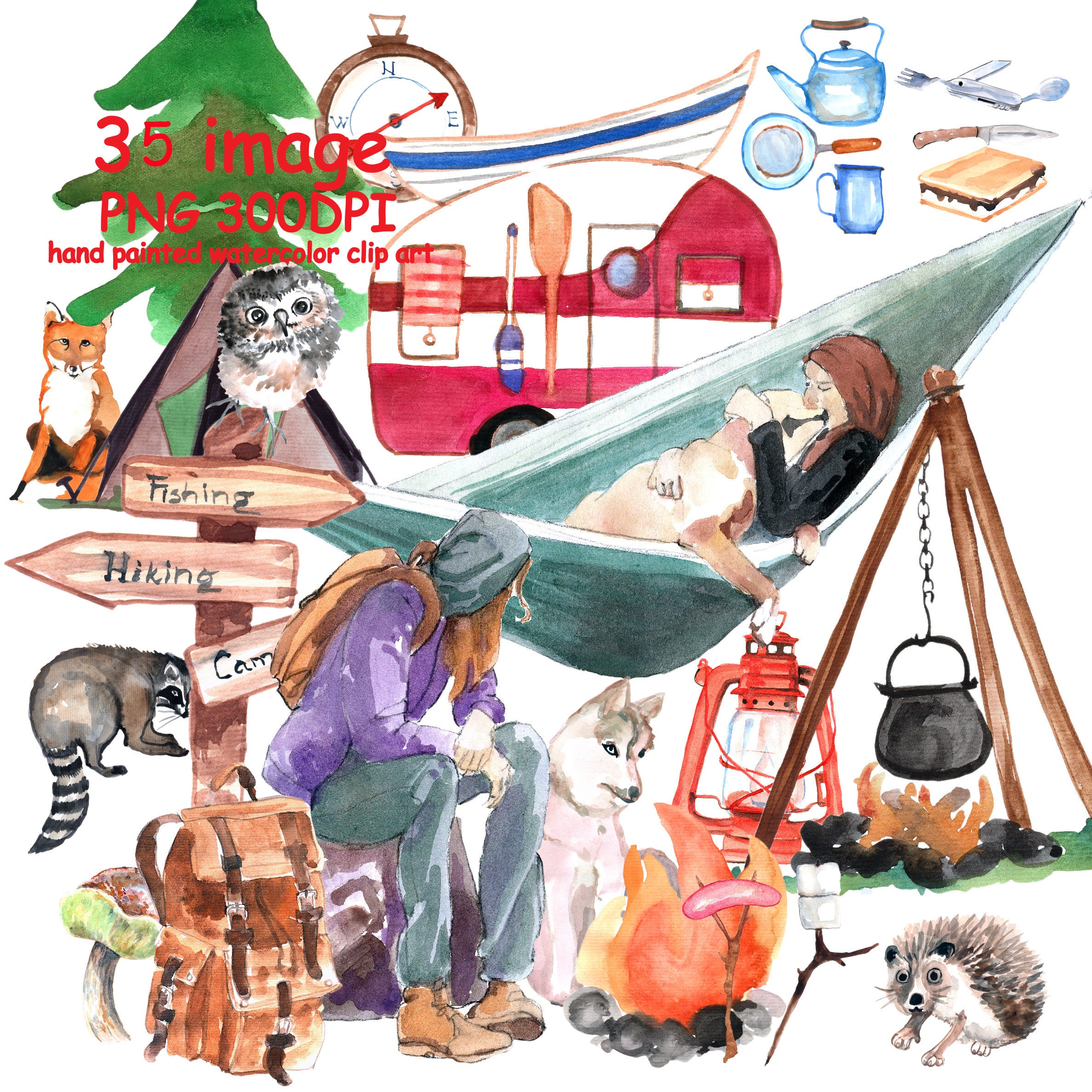 Watercolor Clip Art Camping Clipart, Summer Clipart, Hand Painted ...