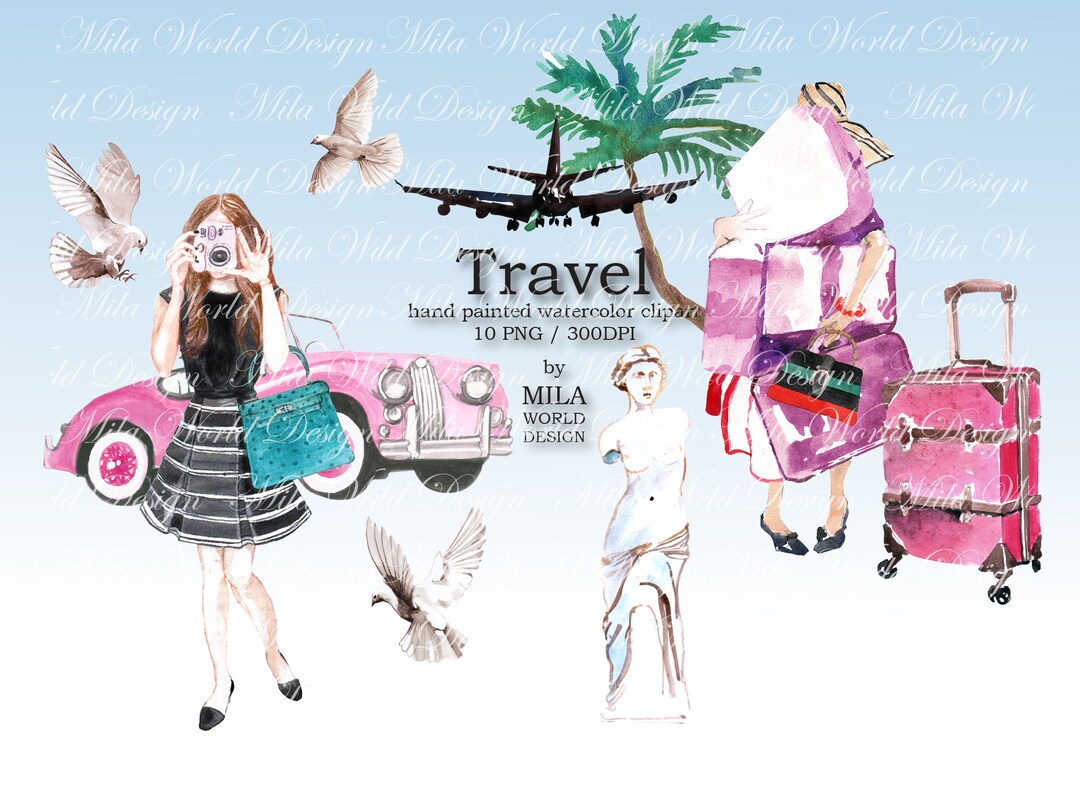 Watercolor Clip Art Travel Clipart, Hand Painted Watercolor Vacation ...