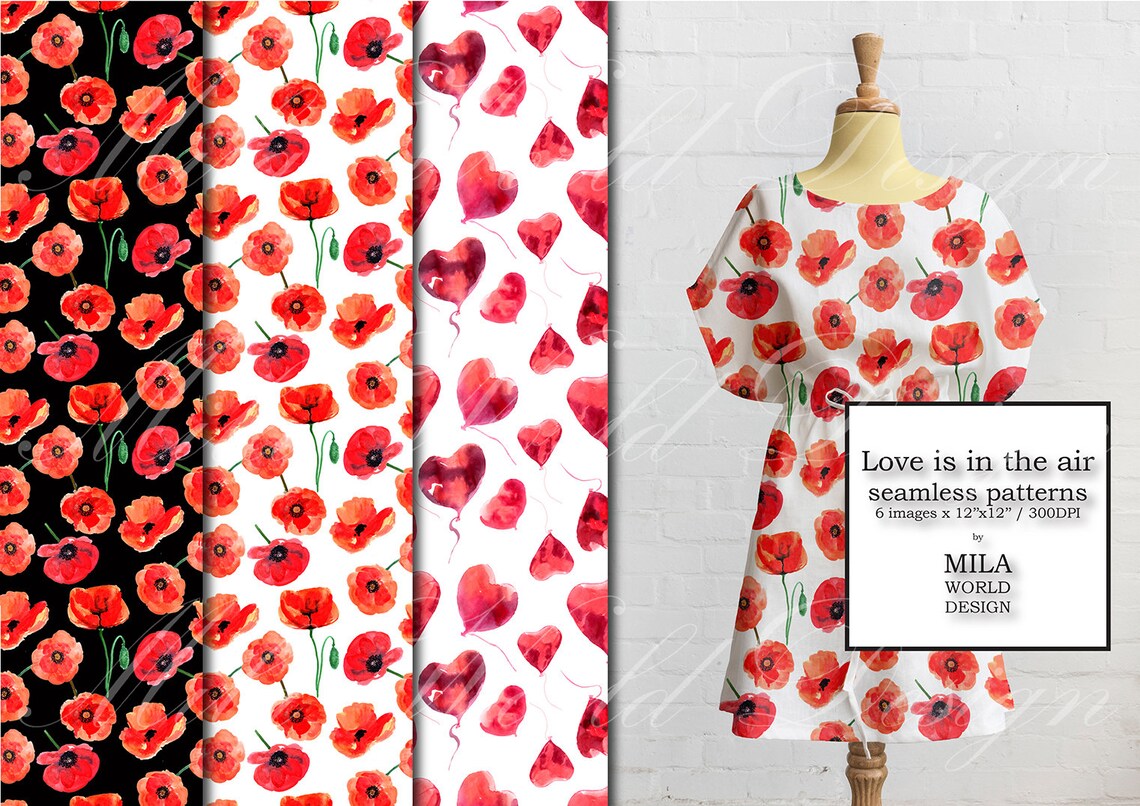 Love is in the Air Watercolor Digital Paper, Valentine Day Samless ...