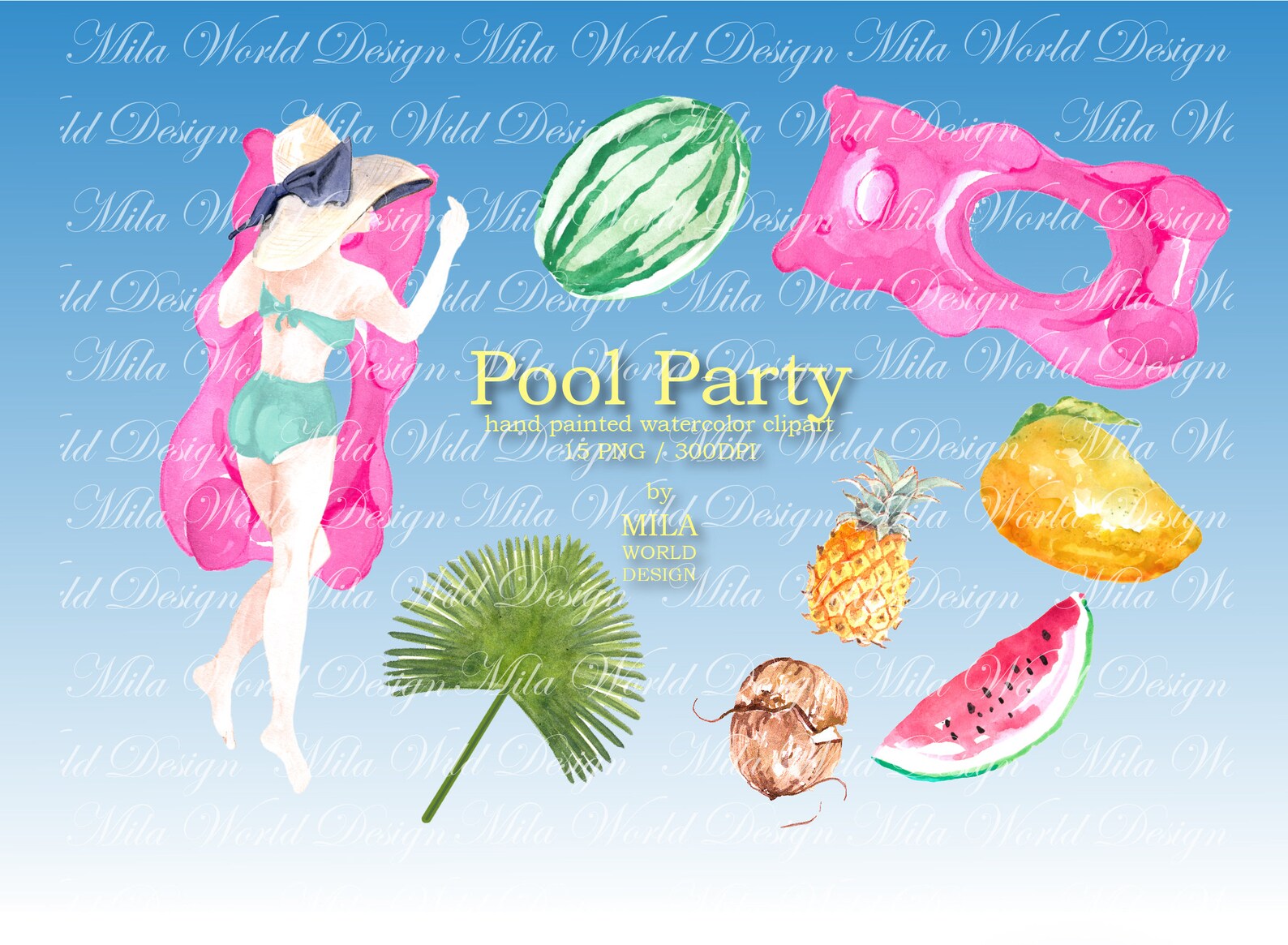 Pool Party Watercolor Clip Art, Hand Painted Watercolor Vacation Clip ...