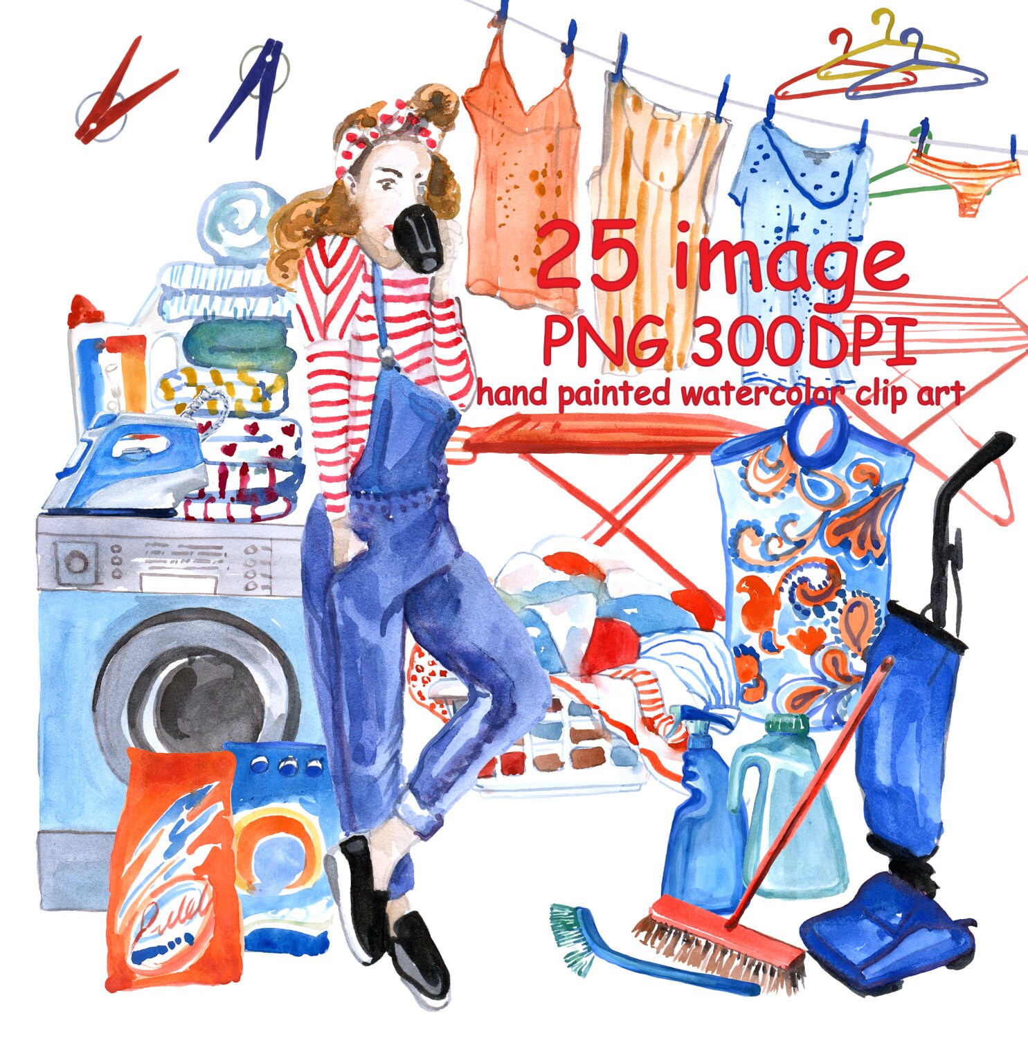 Watercolor Clip Art Cleaning Collection Laundry Clipart Etsy