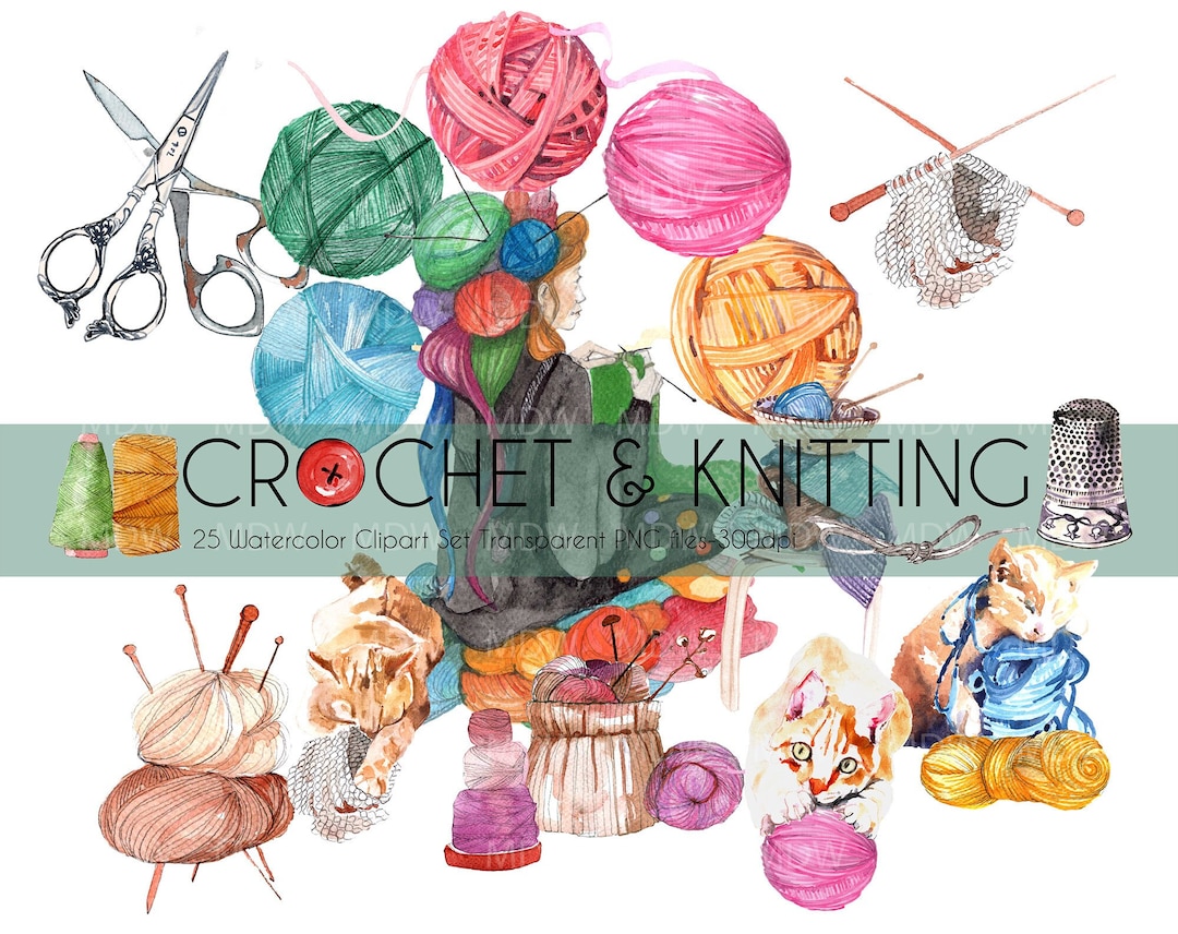 Crochet and Knitting Watercolor Clipart, Handpainted Elements, Cat and ...