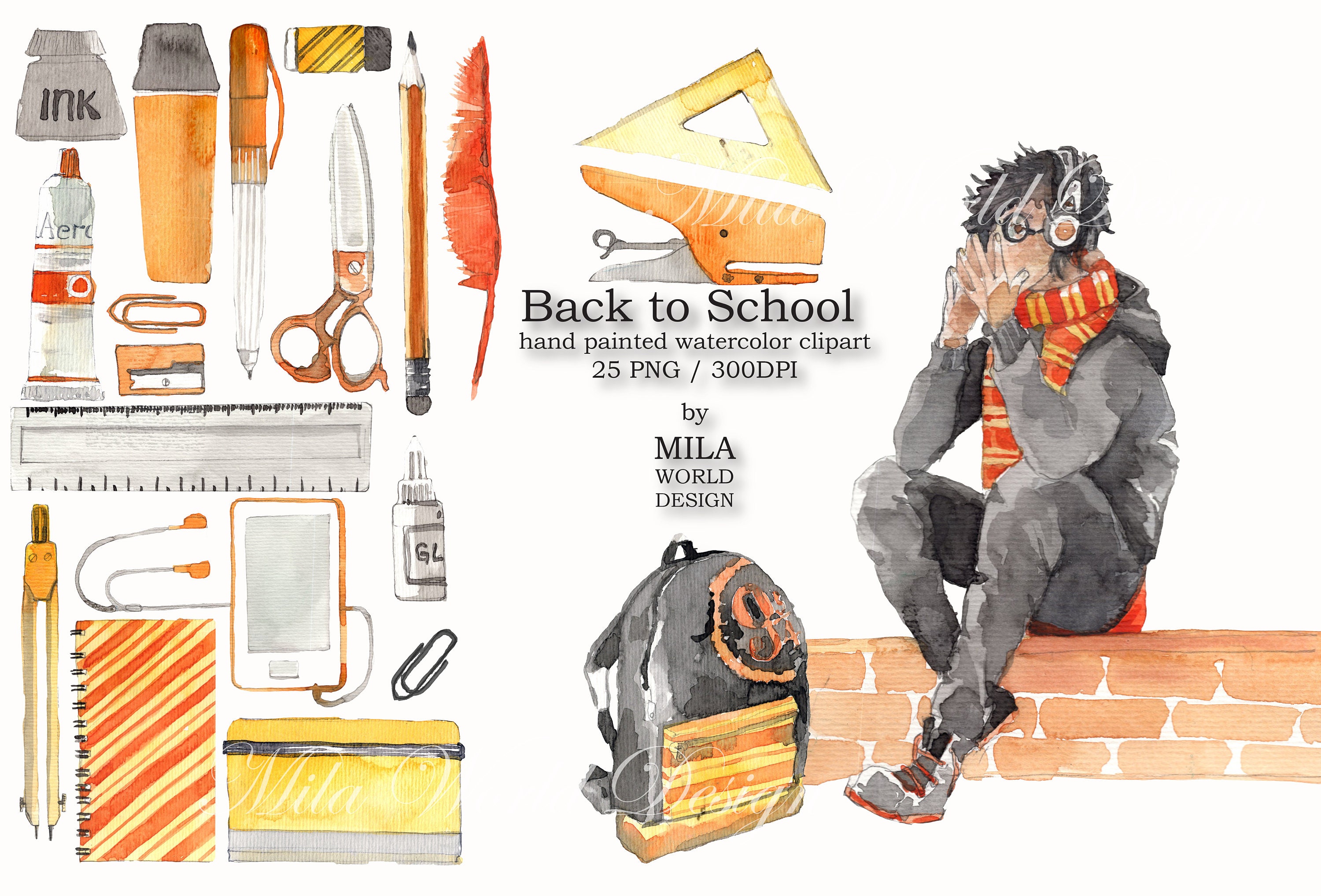 Back to School Watercolor Clip Art High School Set Instant - Etsy