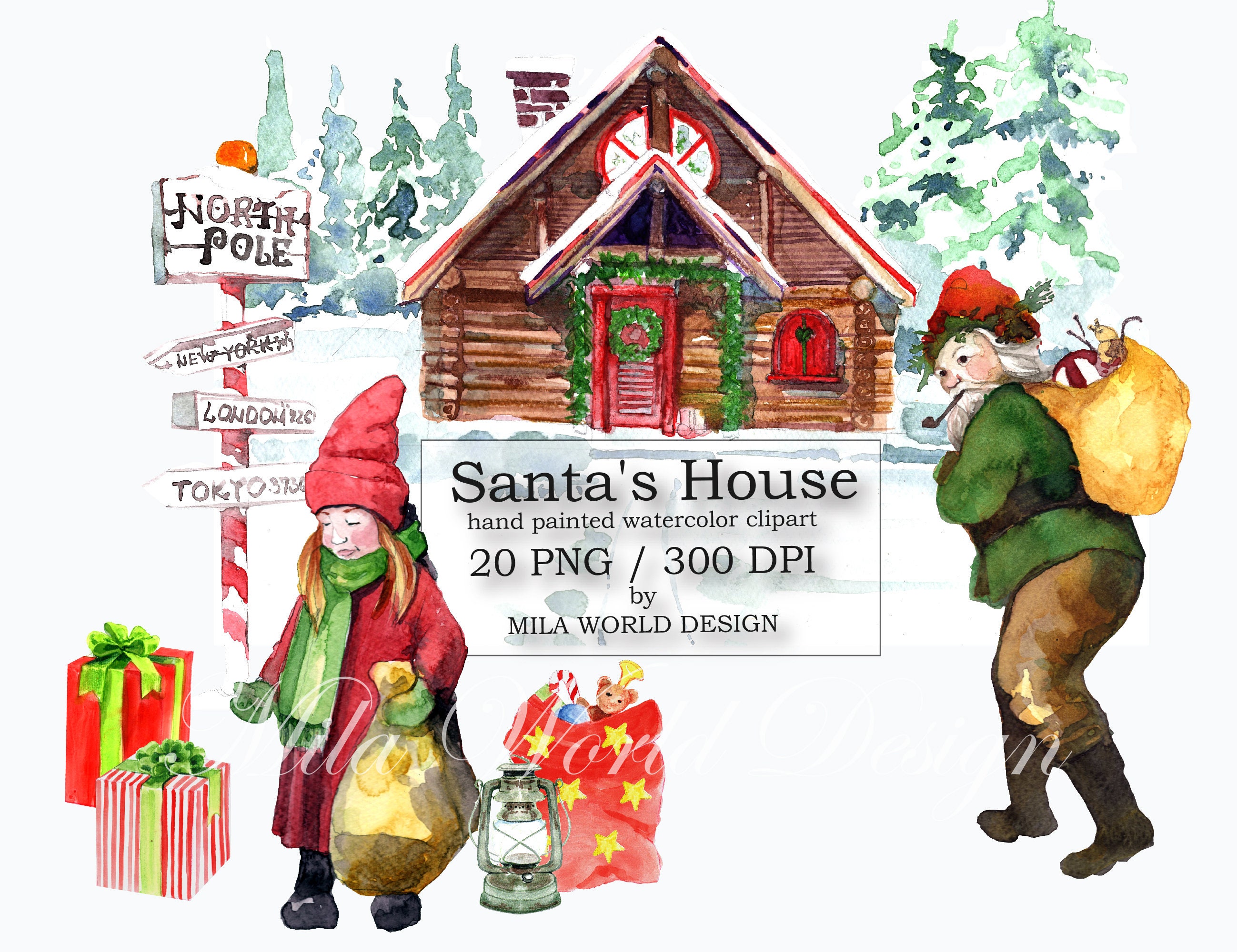 Santa'S House hand painted watercolor clipart Christmas | Etsy