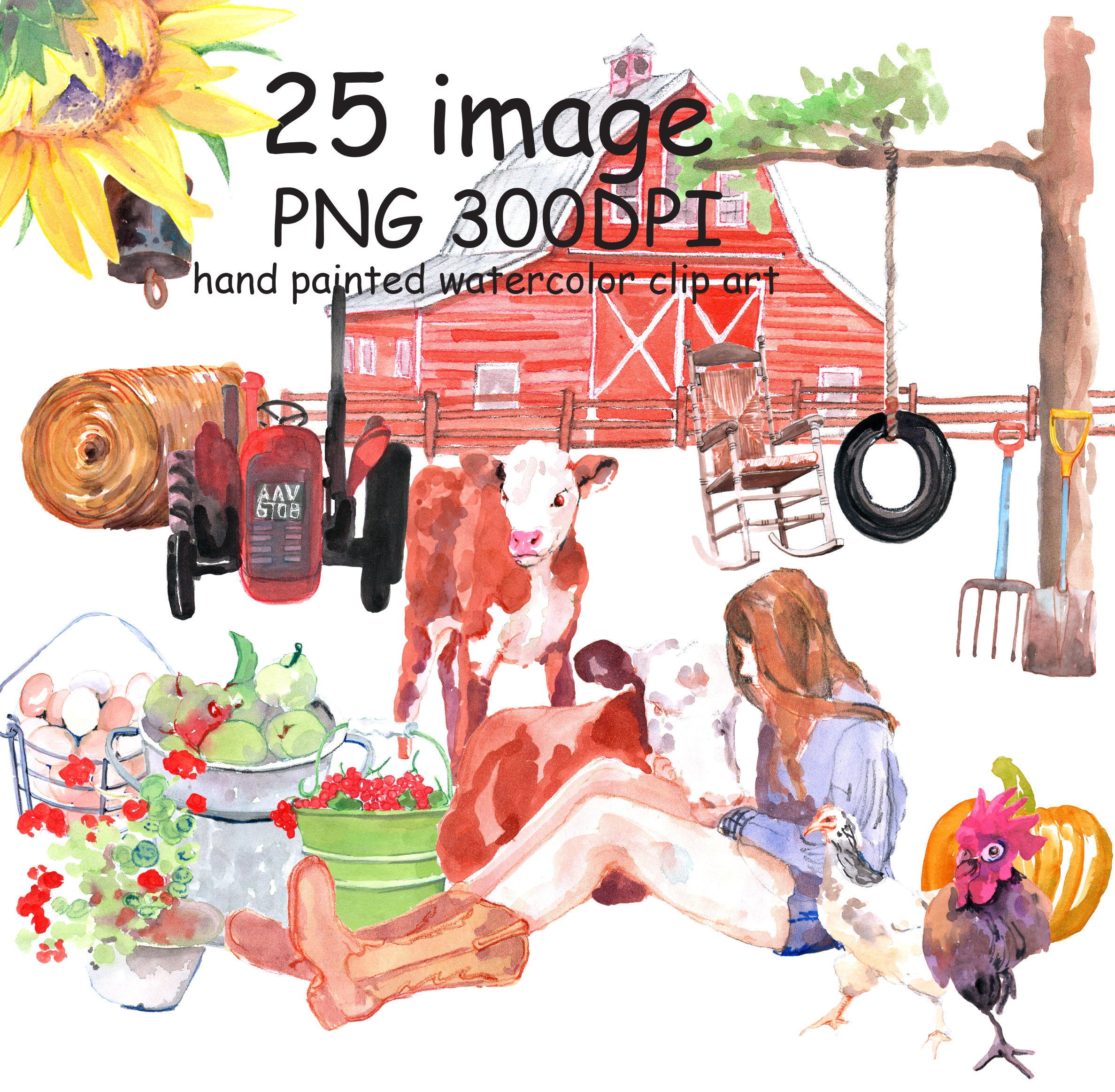 Watercolor Clip Art Farm Chicken Hen Dog Cow Pig Sheep - Etsy