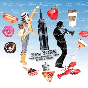 New York Watercolor Clip Art, New York City, Hot Dog, Empire State ...
