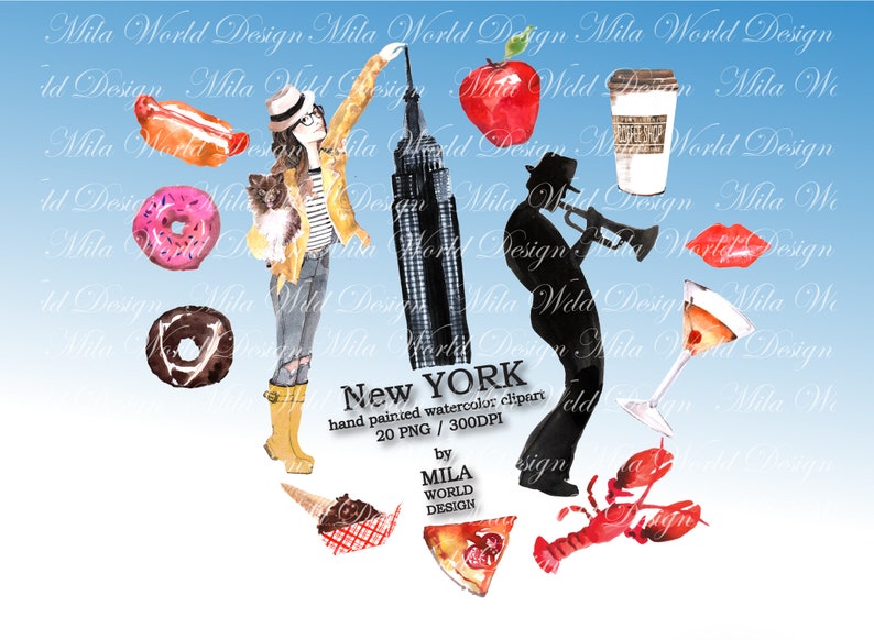 New York Watercolor Clip Art New York City Hot Dog Empire - Etsy