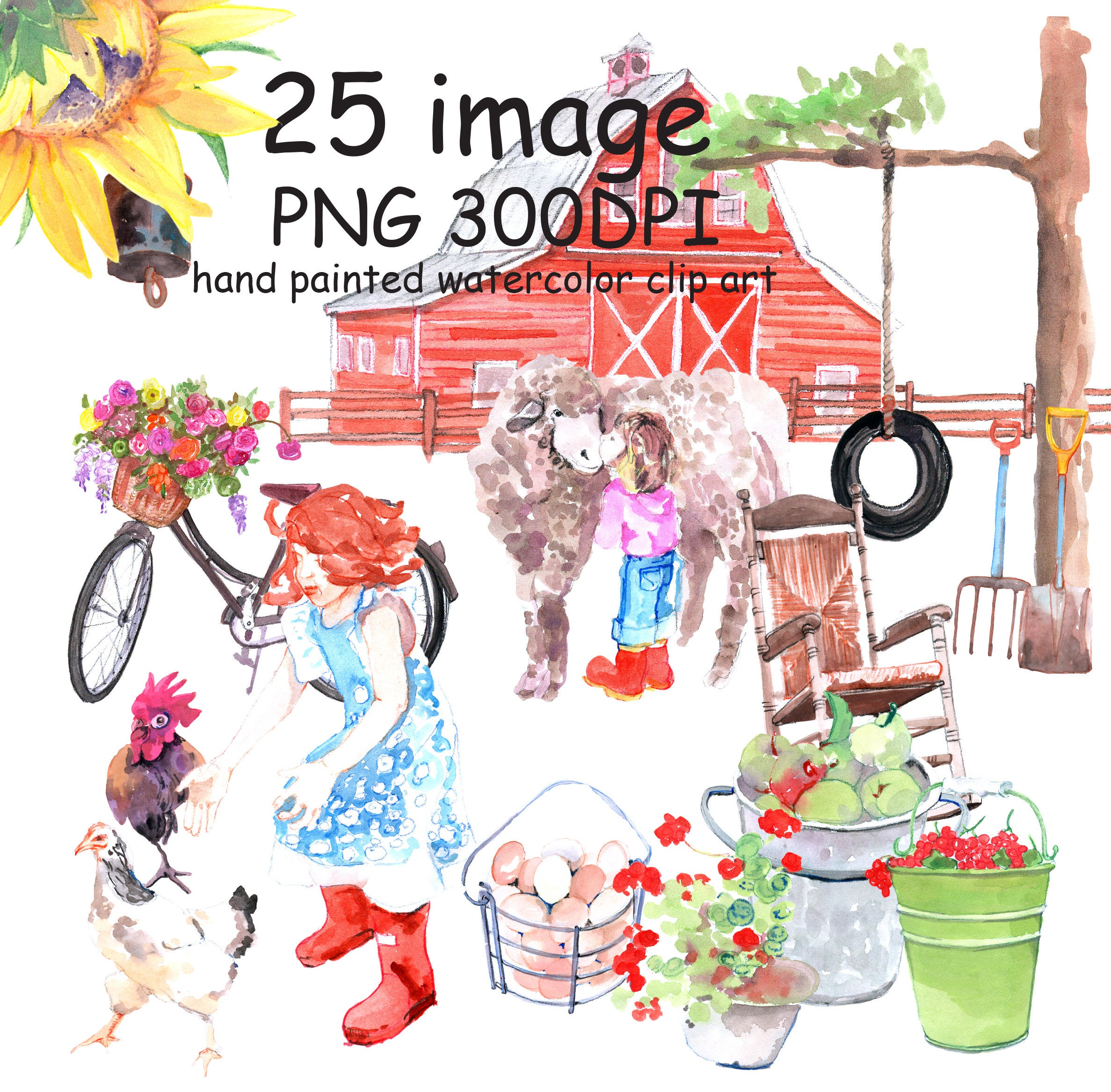 Watercolor Clip Art Farm Chicken Hen Dog Cow Pig Sheep - Etsy