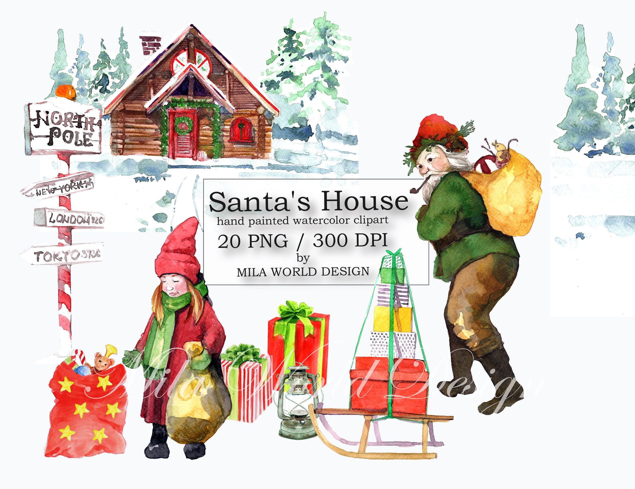 Santa's House Hand Painted Watercolor Clipart Christmas - Etsy