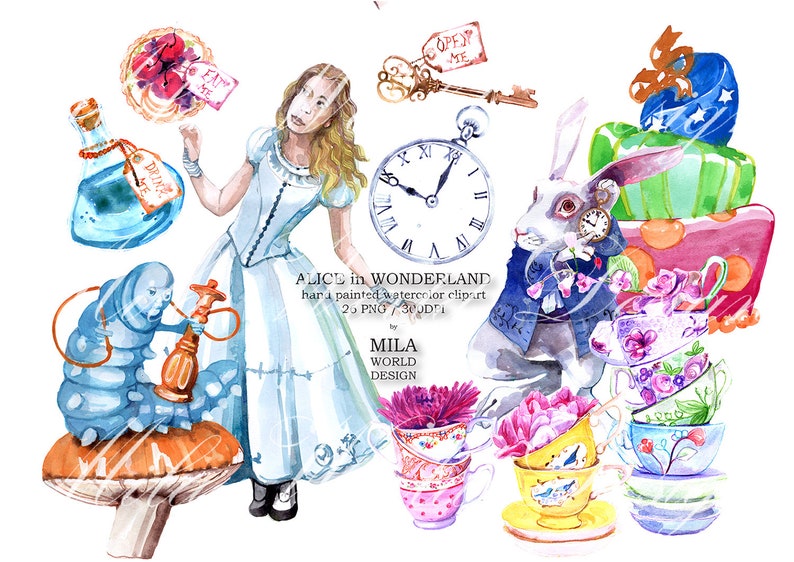 Alice in Wonderland Watercolor Clip Art, Hand Painted Character Clipart ...