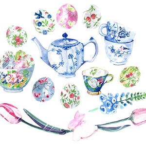 Happy Easter Watercolor Clipart, Hand Painted Easter Eggs and Cup of ...