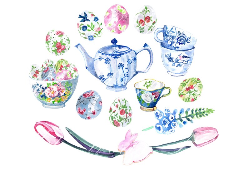 Happy Easter Watercolor Clipart, Hand Painted Easter Eggs and Cup of ...