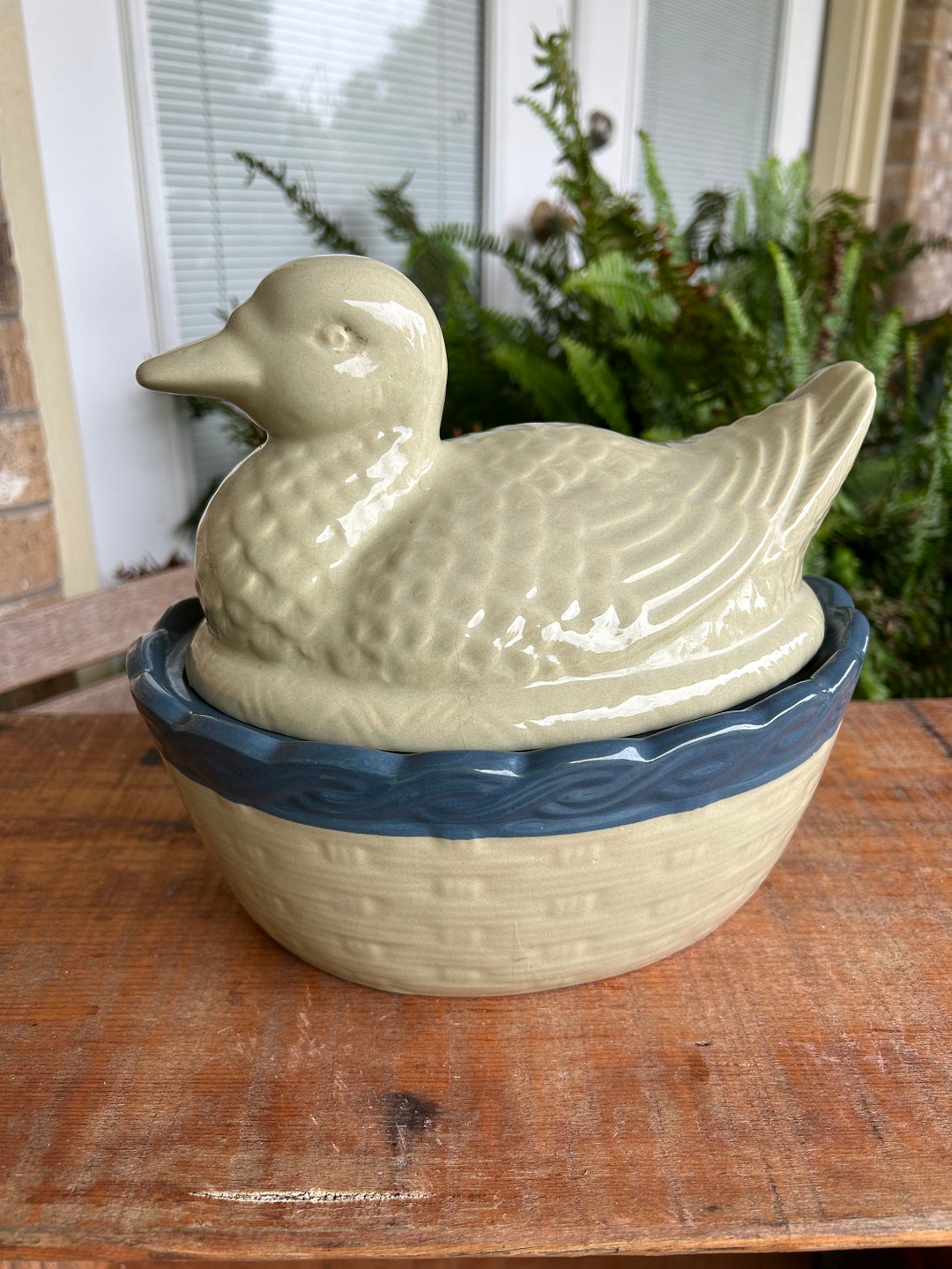 Vintage Glazed Ceramic Duck Hen on a Nest Casserole Dish Pan Cookware ...