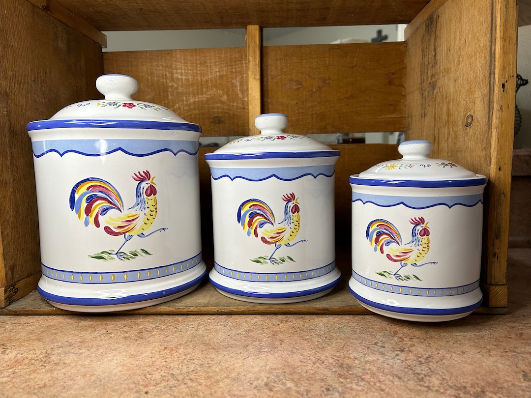 3 Pc Set Ceramic Colorful Rooster Chicken Hen Canisters-country-farm ...