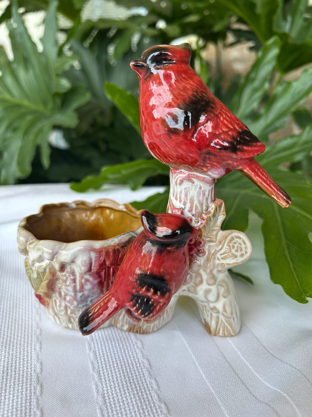 Vintage Glazed Ceramic Red Cardinal Birds Planter-figurine Statue ...