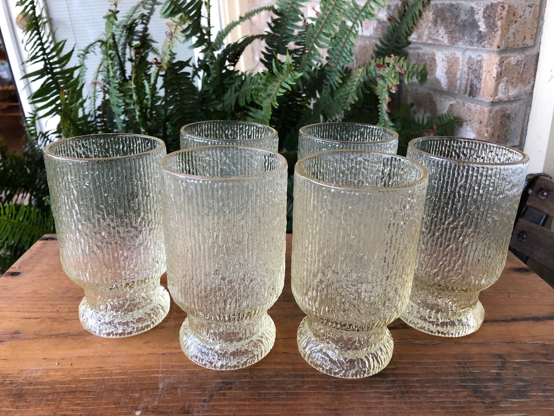 6 Vintage Indiana Glass Crystal Ice Footed Textured Tumblers Glasses ...