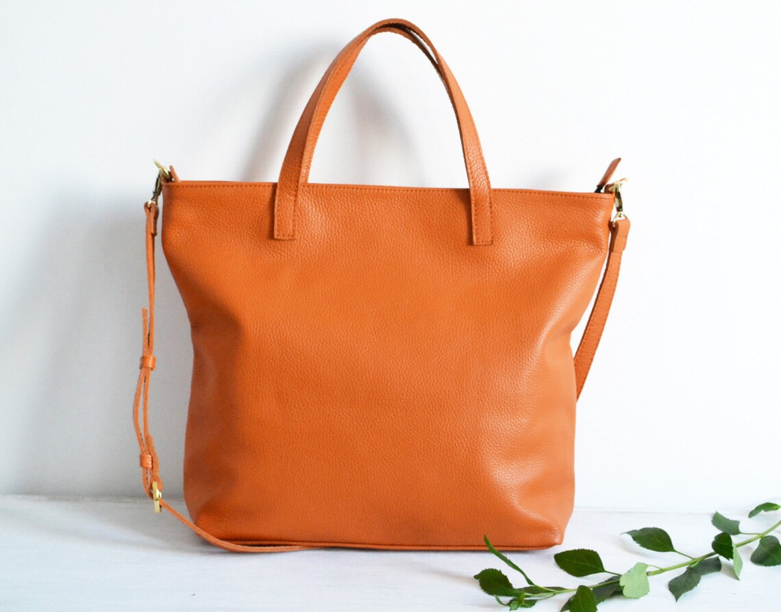 Oversized Orange Leather Tote Bag: Italian Pebbled Leather, Top Zip - Etsy