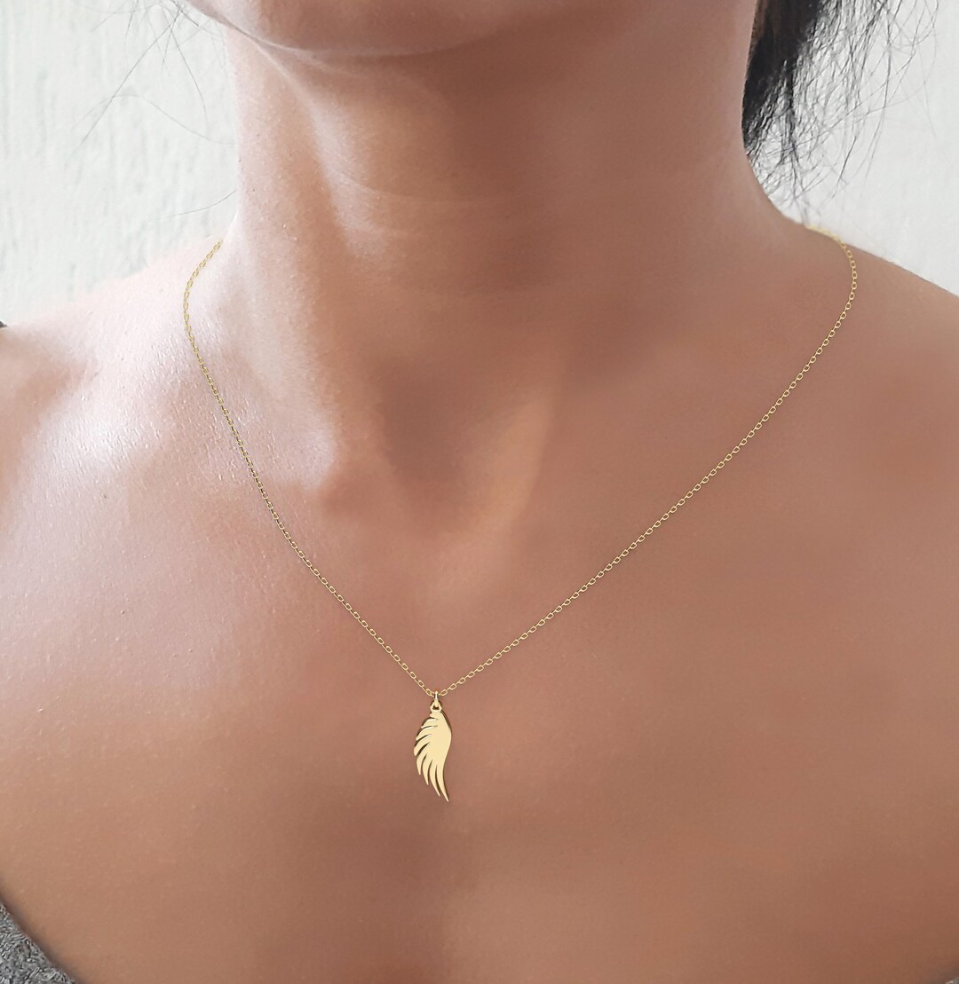 14K Yellow Gold Half Wing Necklace, 14k Solid Gold Necklace, Dainty ...