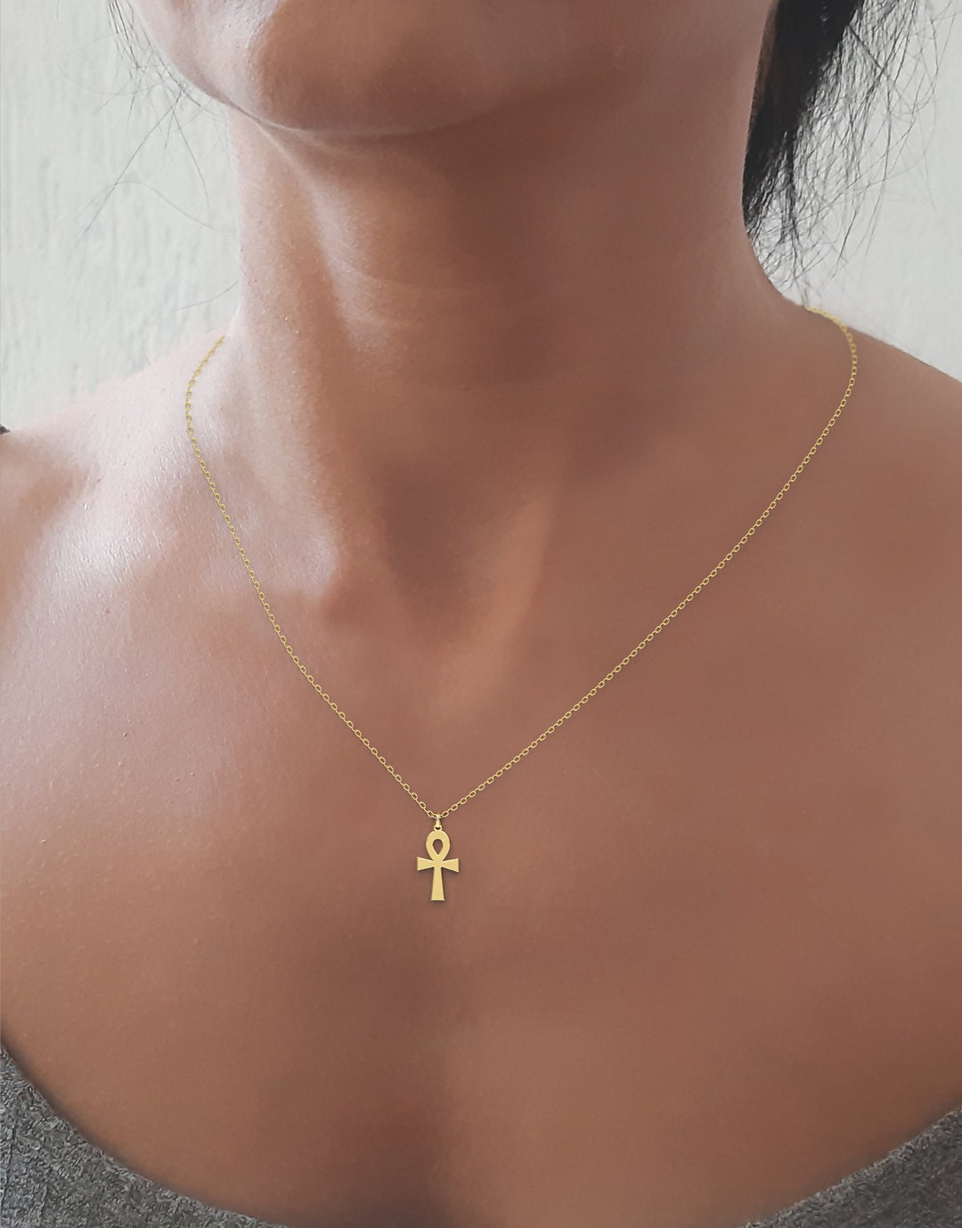 14K Solid Gold Ankh Cross Necklace, Ancient Egyptian Symbol Ankh Ankh ...