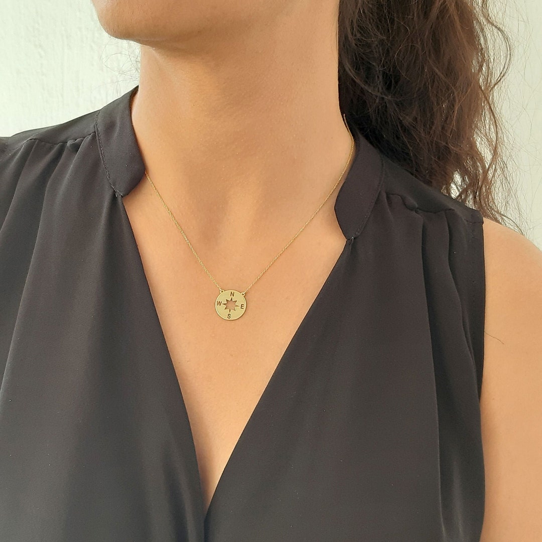 14k White Gold Compass Necklace, 14k Solid Gold Necklace, Compass Gold ...