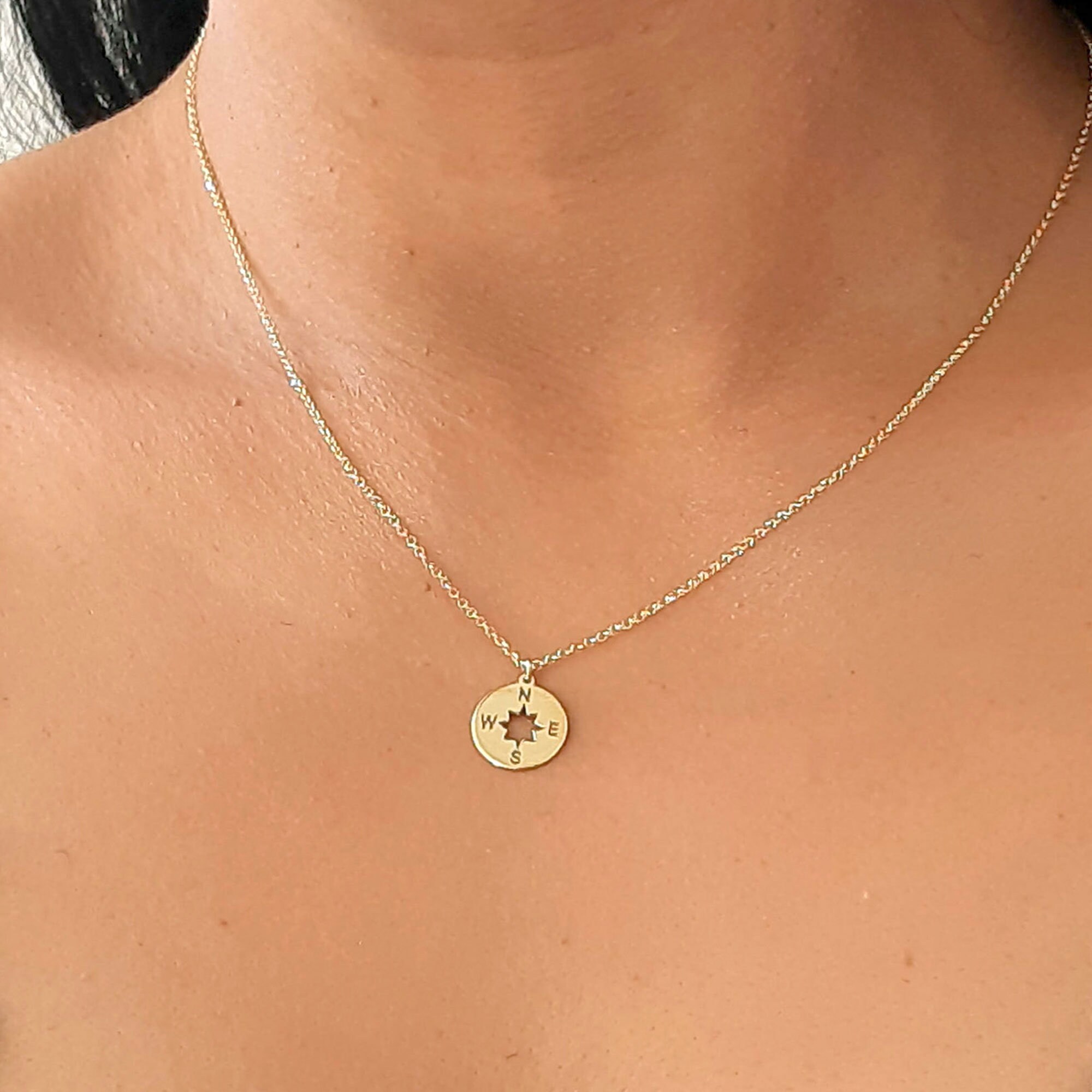 Dainty Compass Charm 9K 14K Gold Necklace Yellow Gold Solid | Etsy