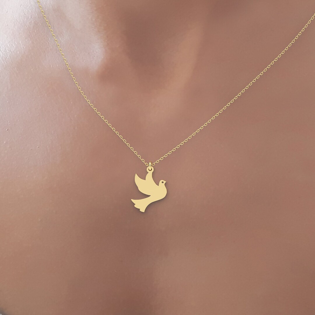 14K Solid Gold Bird Necklace, Cute Dainty Flying Bird Pendant, Gold ...