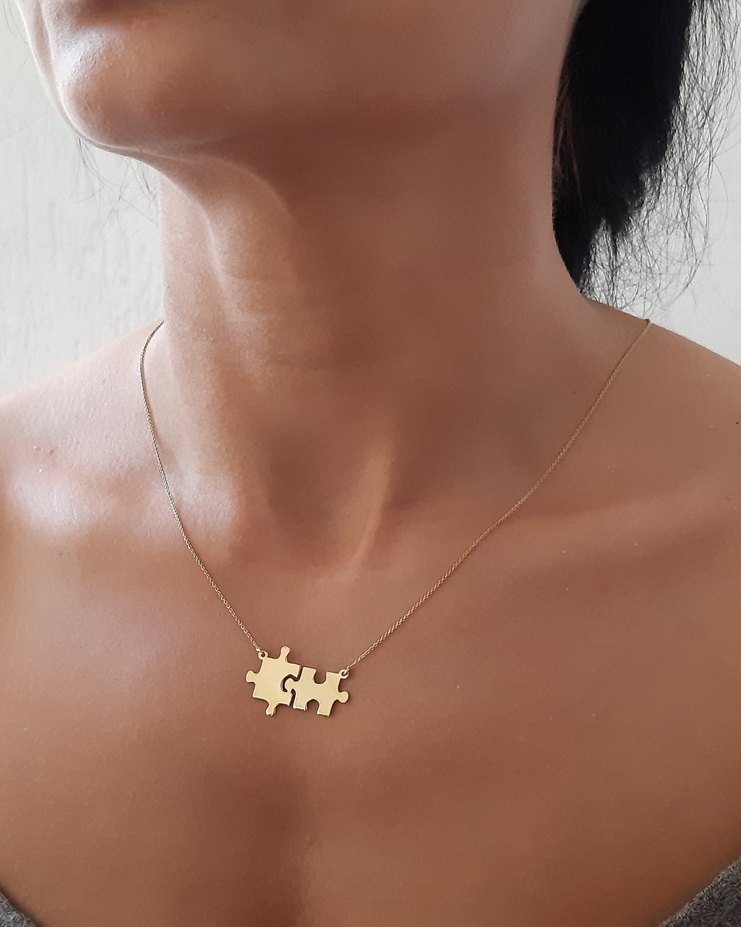 14K Solid Gold Puzzle Pair Necklace for Women Matching Puzzle Necklace ...
