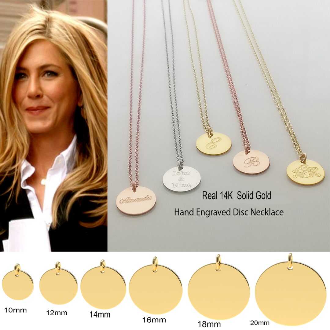 14k Solid Gold Custom Engrave Disc Necklace, Both Side Engravable Disc ...