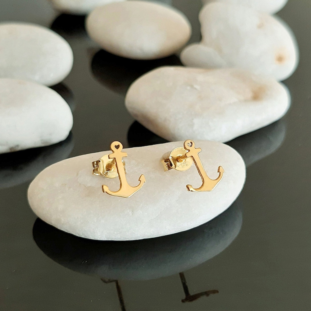 14K Solid Gold Anchor Earrings, 14K Yellow Gold Earrings, Dainty Anchor ...
