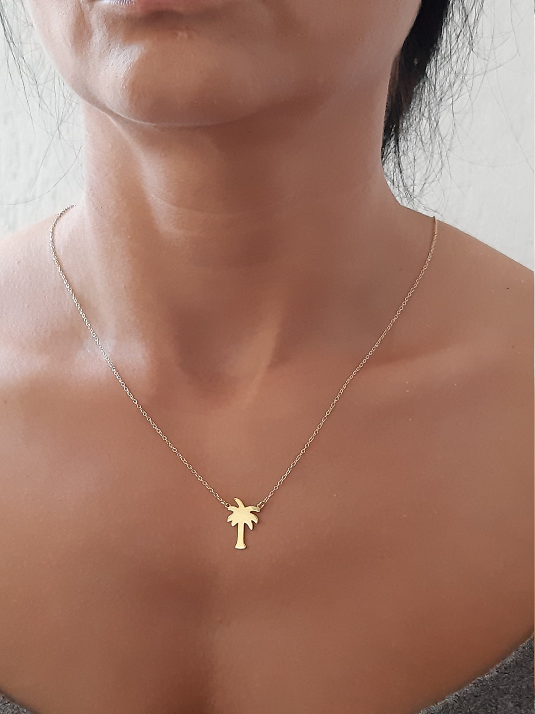 Solid Gold Palm Tree Necklace in 14k Yellow Gold, Delicate Solid Gold ...