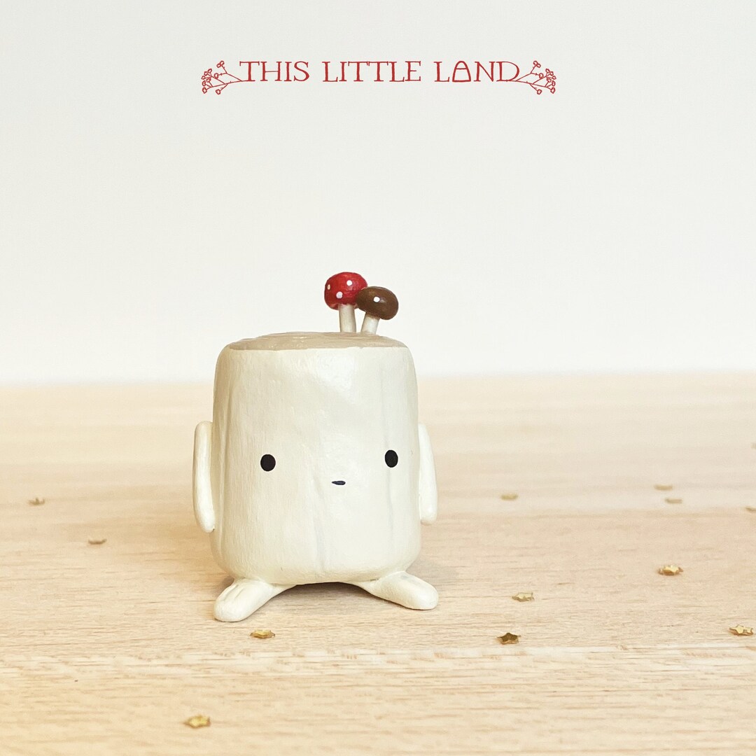 Little Tree Stump Desk Buddy With Mushrooms White Figurine Clay Log ...