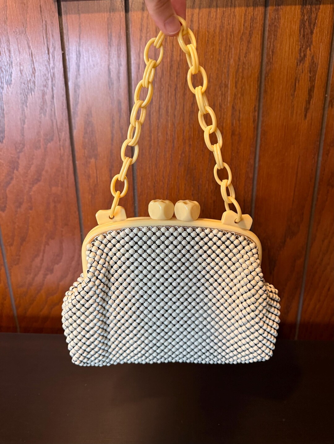 Vintage Whiting Davis Ivory Enamel Mesh and Bakelite Purse Evening Bag ...