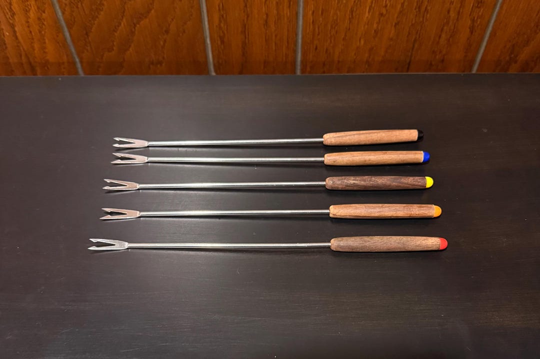 Set of 5 Vintage Fondue Forks Round Wood Handles Colored Tips ...