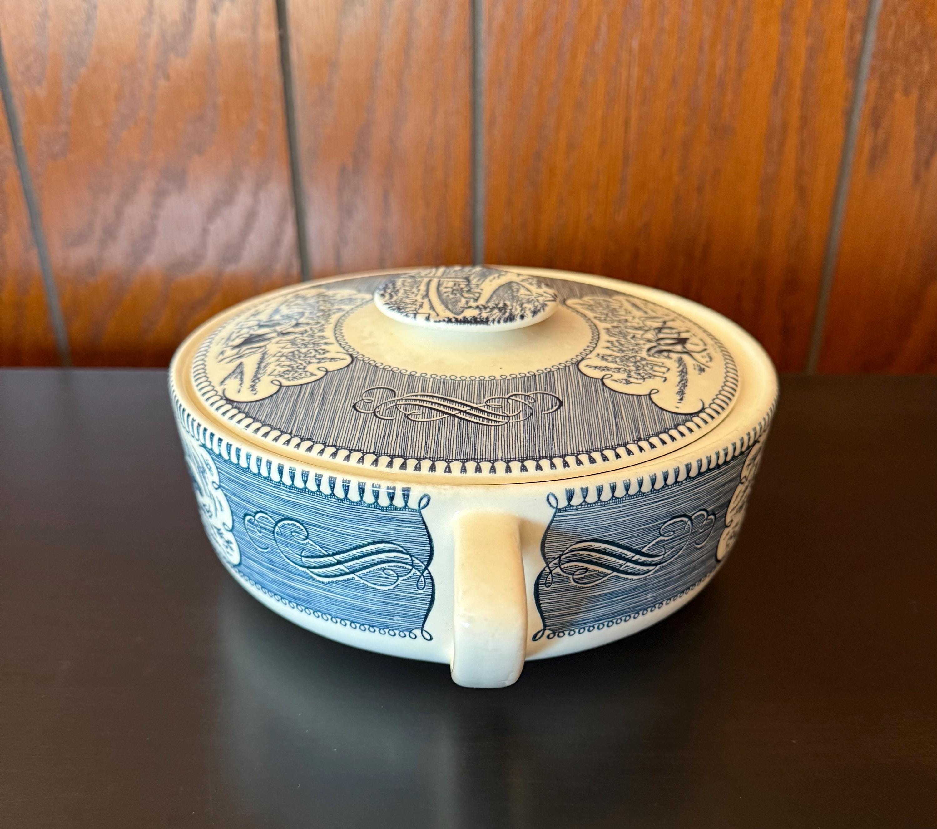 Currier & Ives Blue and White Covered Serving Dish - Etsy