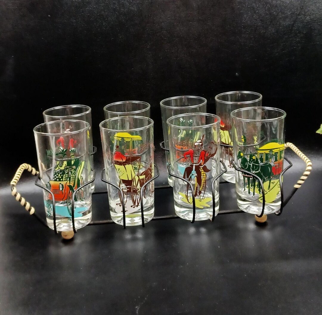 Set of 8 Anchor Hocking MCM Party Gay Nineties Barware Cocktail Highball Glasses With Caddy ...