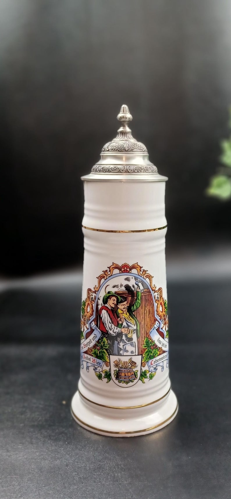 German Beer Stein White Porcelain/gold Strips/scenic Tall 94% Zinn - Etsy