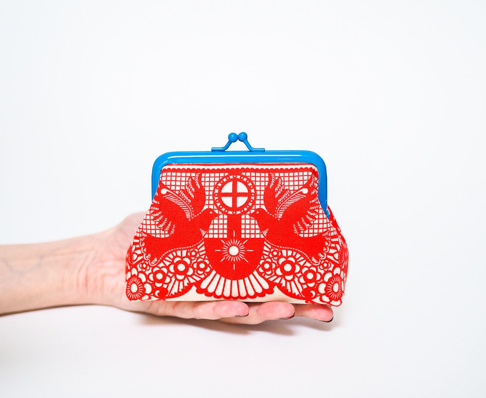 Red Coin Purse, Kiss Lock Purse, Metal Frame Pouch, Change Purse, Blue ...