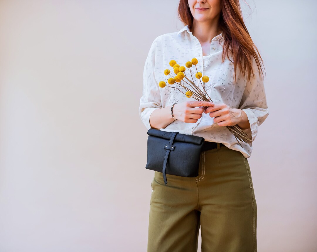 Black Leather Belt Bag: Fold Over Convertible Fanny Pack - Etsy