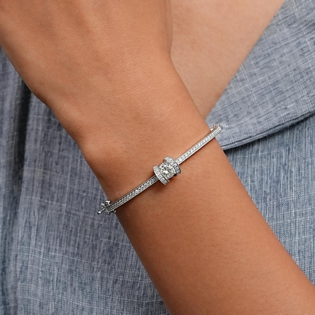 Round Cut Lab Grown Diamond Bridal Bangle / Filigree Work CVD Diamond ...
