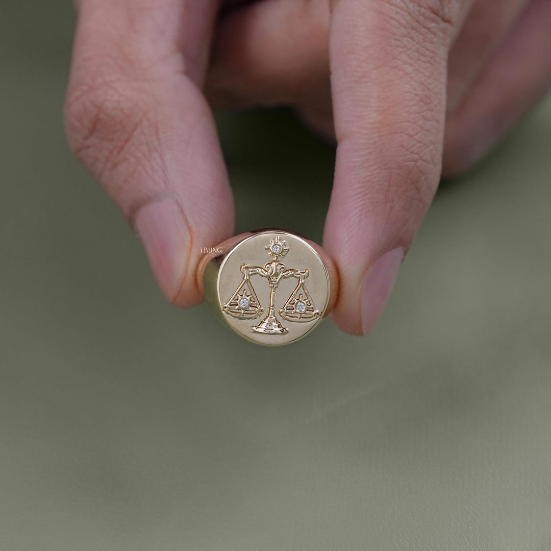 Round Cut Lab Diamond Libra Signet Mens Ring / 14K Solid Gold Zodiac ...
