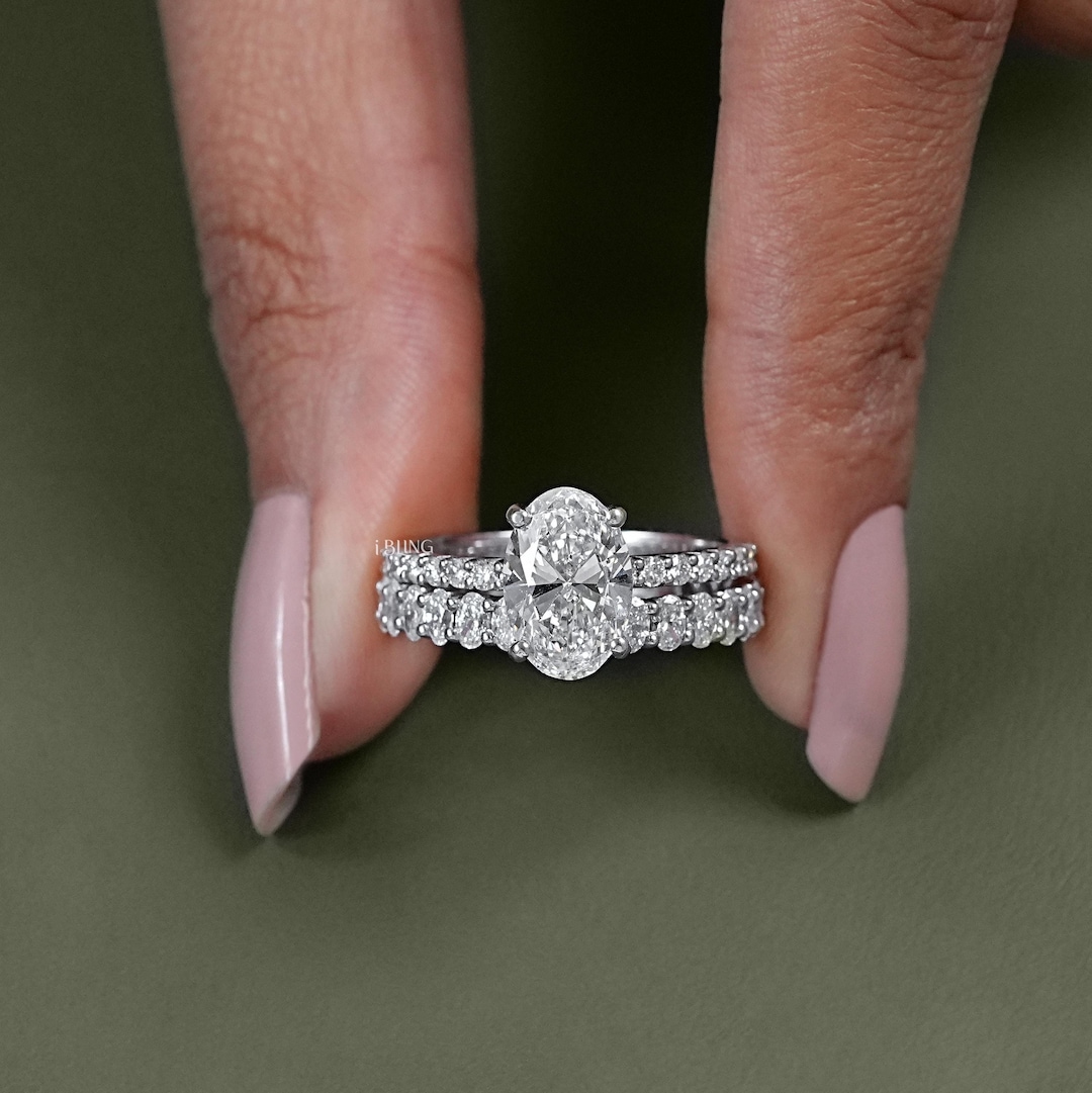 Oval Lab Grown Diamond Bridal Ring Set / EF-VS CVD Diamond Eternity ...