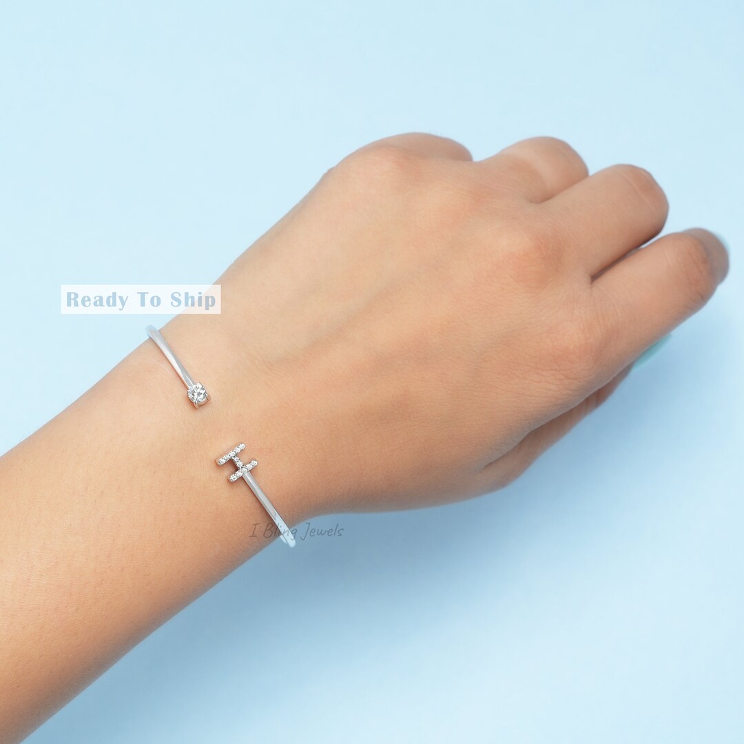 14K Gold Initial Diamond Bangle / Open Cuff Flexible Bangle / Letter ...